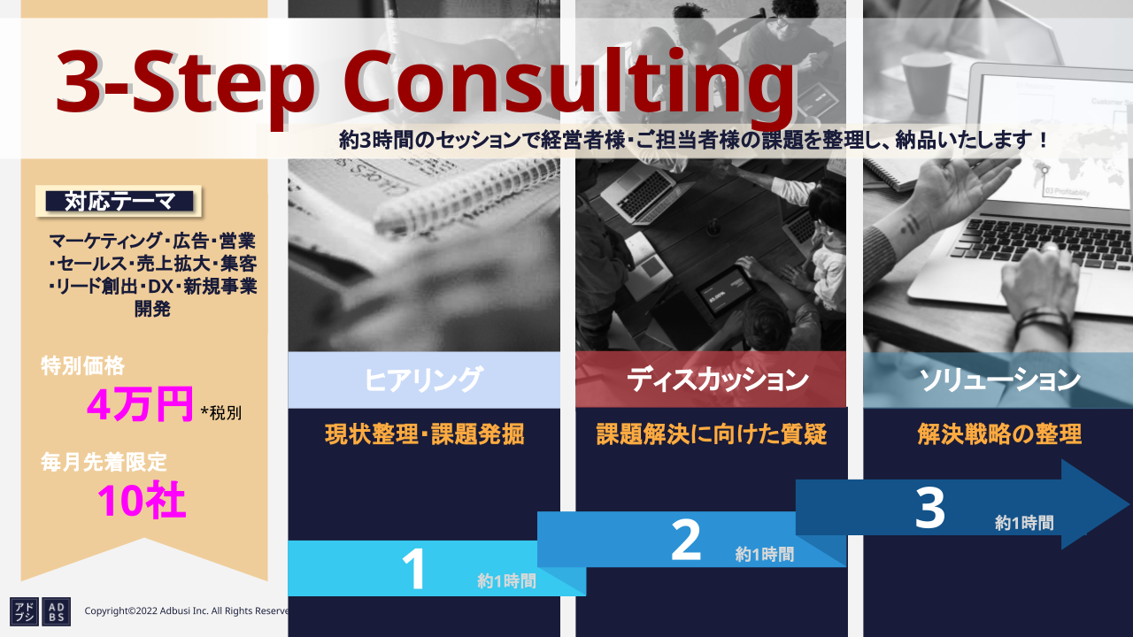 【株式会社アドブシ】 3 Step Consulting のご案内 | 株式会社アドブシ Adbusi Inc.